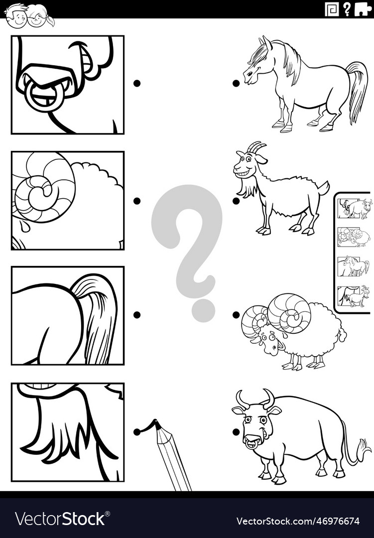 Match cartoon farm animals and clippings game Vector Image
