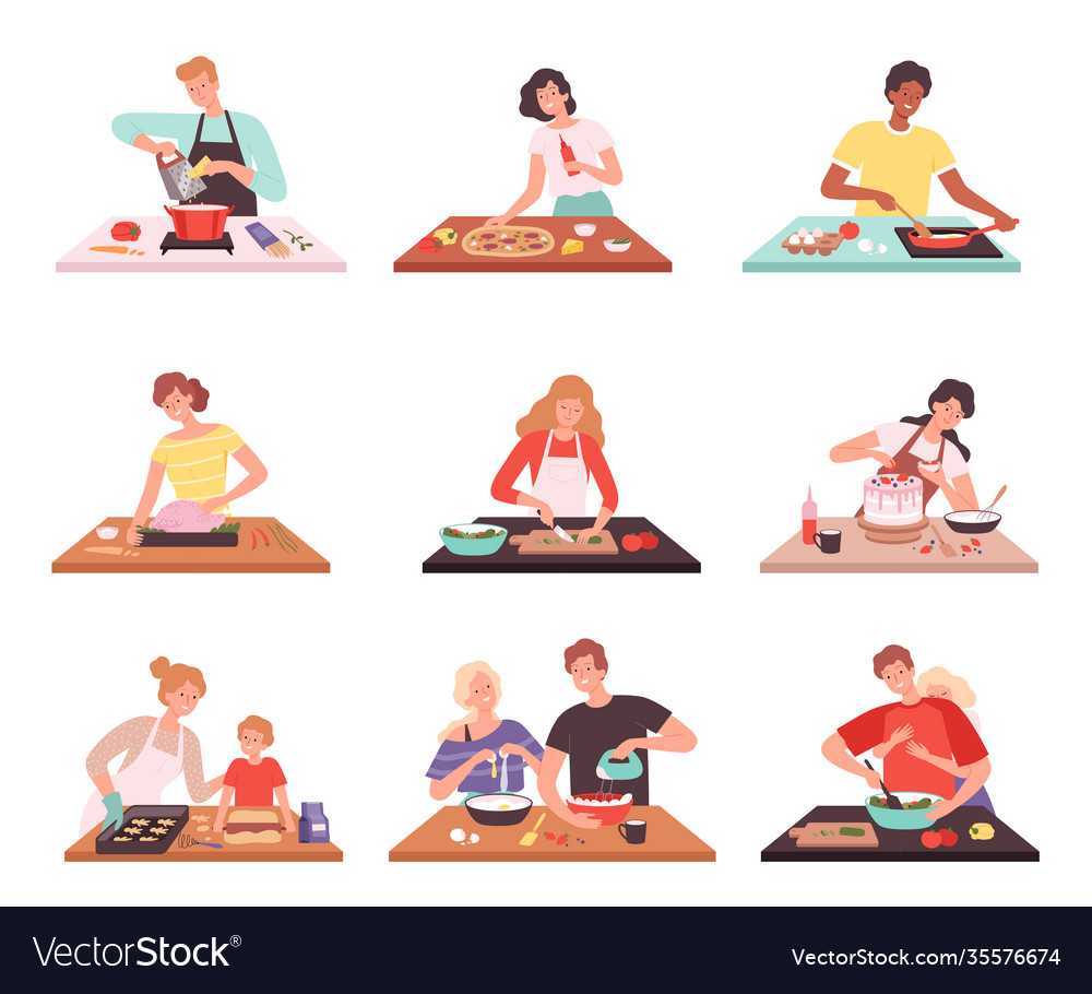 People cooking happy smile characters preparing Vector Image