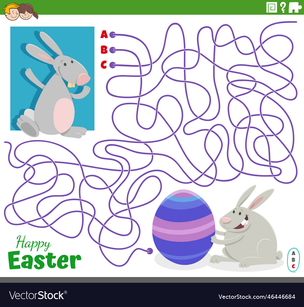 Maze game with cartoon easter bunnies with egg Vector Image
