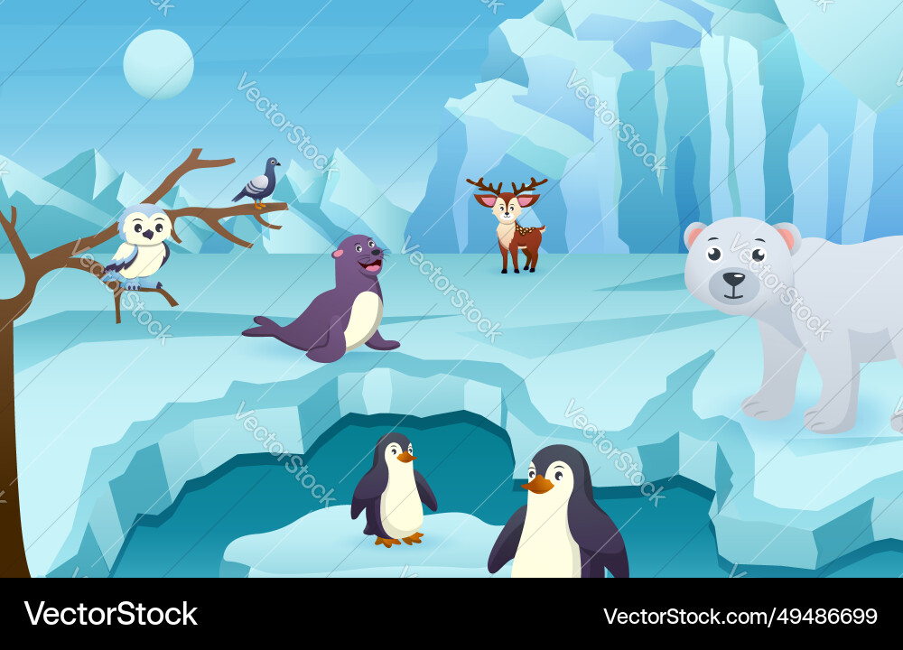 Antarctic scene with many animals Royalty Free Vector Image
