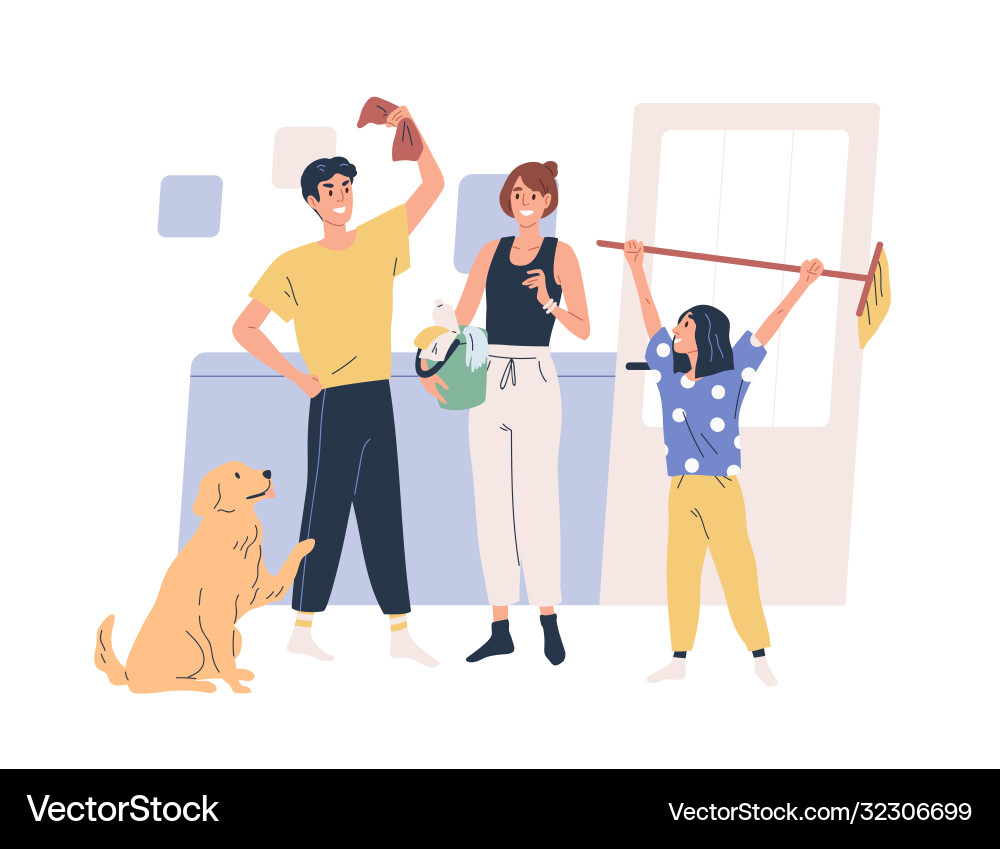 Smiling family doing housework together Royalty Free Vector