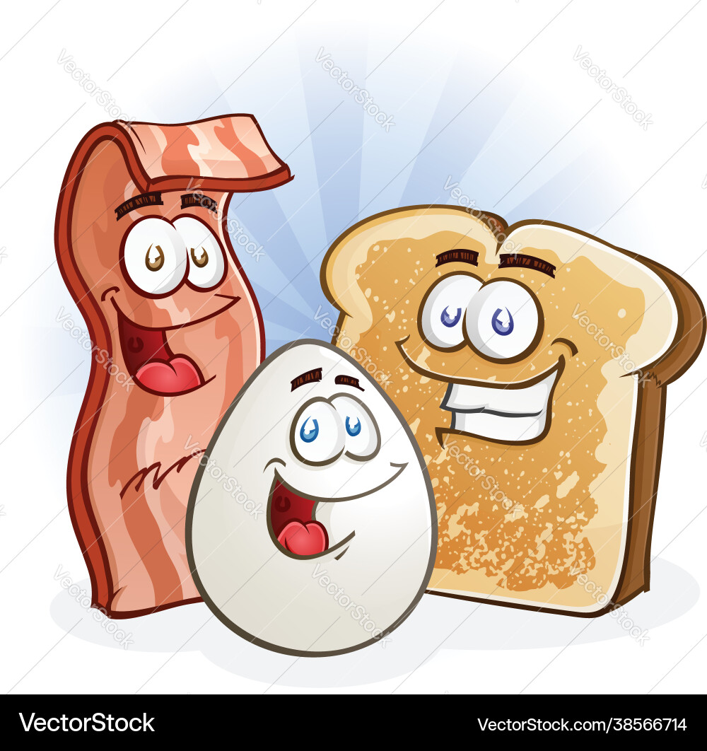 Bacon egg and toast cartoon breakfast characters Vector Image