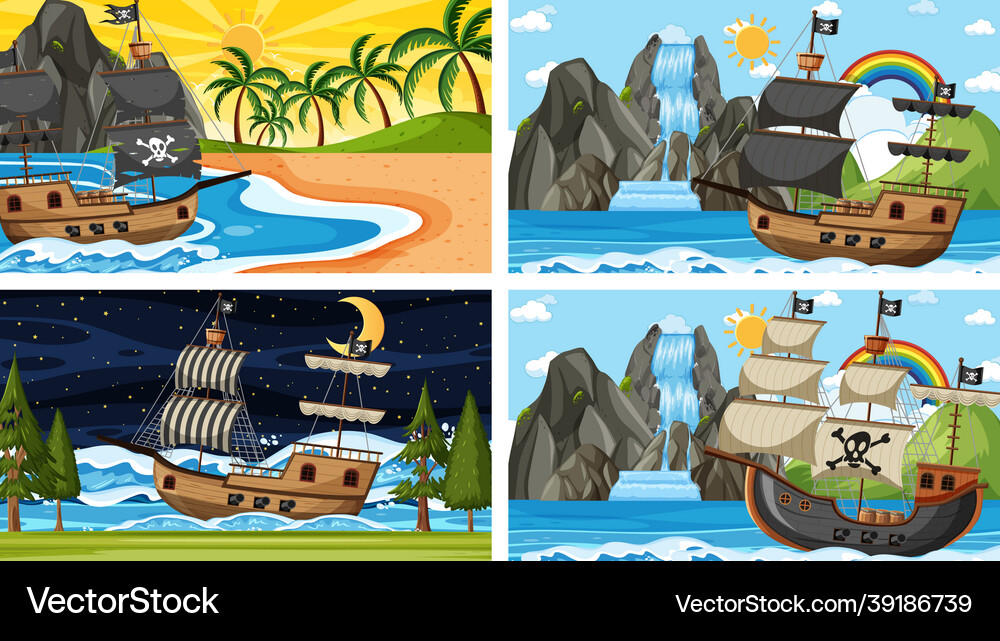 Four different beach scenes with pirate ship Vector Image