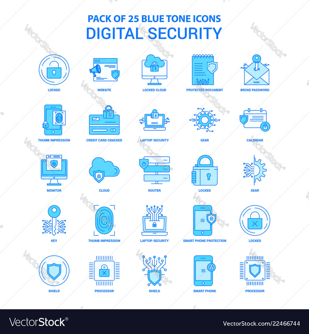 Digital security blue tone icon pack - 25 Vector Image Digital security blue tone icon pack - 25 Vector Image