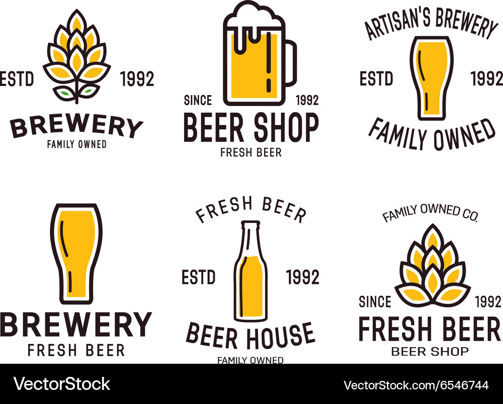 Set linear brewery logos labels with bottles Vector Image