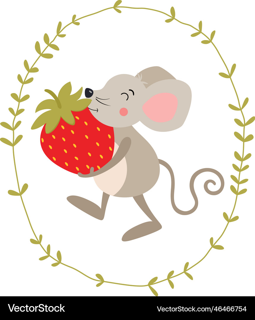With a cute mouse carrying a red strawberry Vector Image