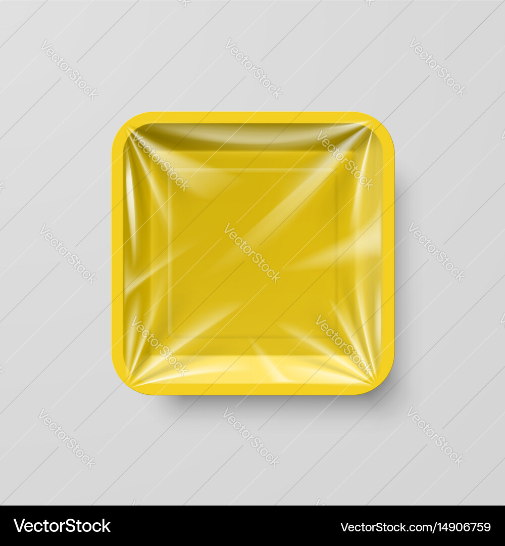 Empty yellow plastic food square container on gray
