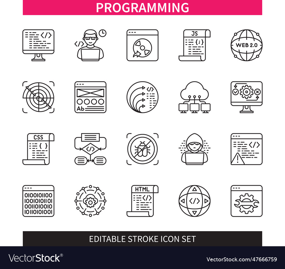 Programming editable stroke icon set Royalty Free Vector