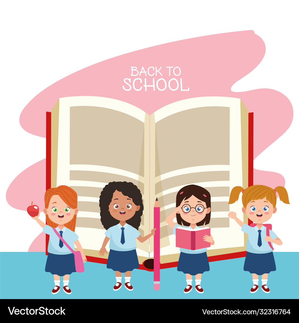 Little students girls with uniforms characters Vector Image