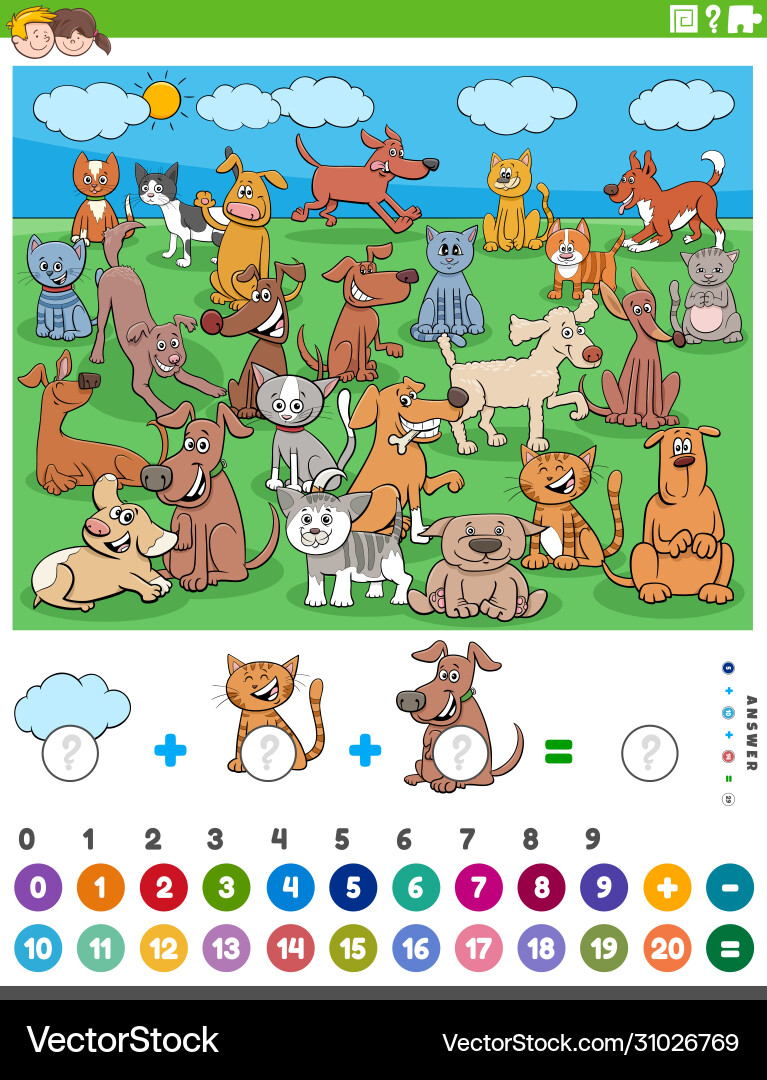 Counting and adding task with cartoon pet animals Vector Image