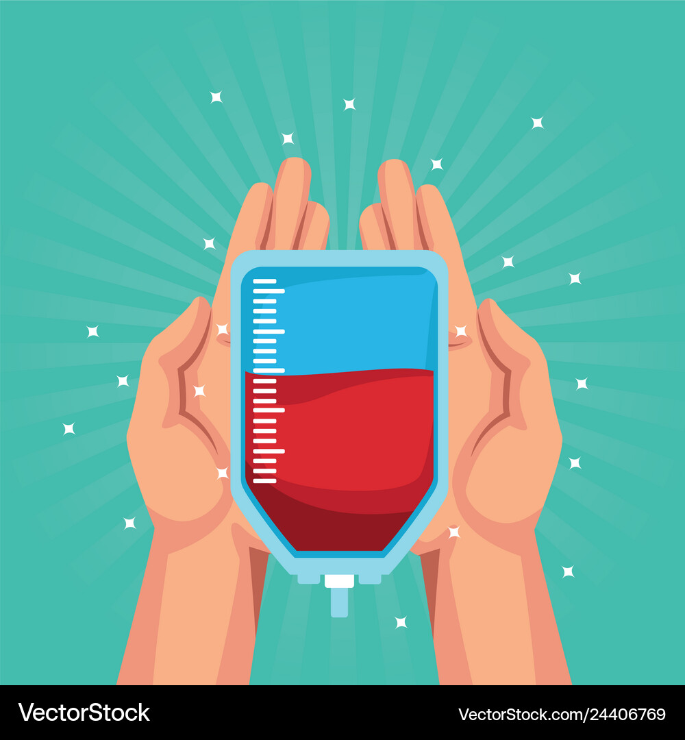 Hands with blood bag cartoon Royalty Free Vector Image