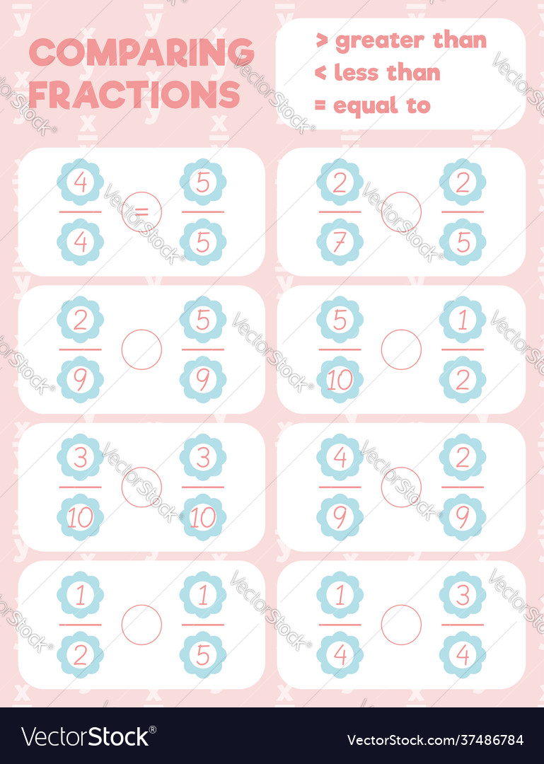 Comparing fractions worksheet math practice print Vector Image