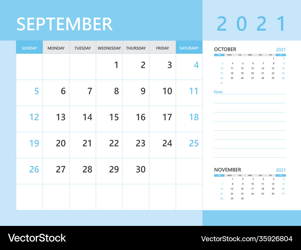 Calendar 2021 template september year Royalty Free Vector
