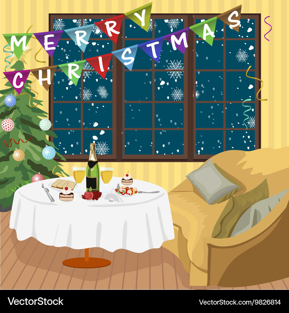 Christmas interior room with decorated table Vector Image