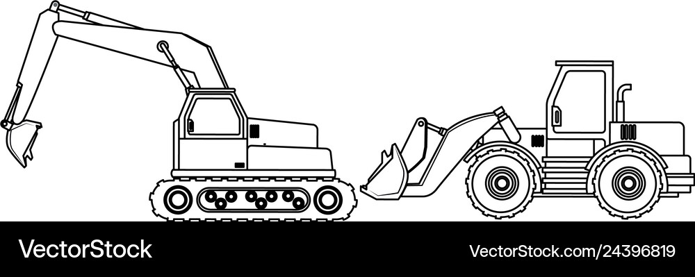 Construction vehicles machinery in black and white