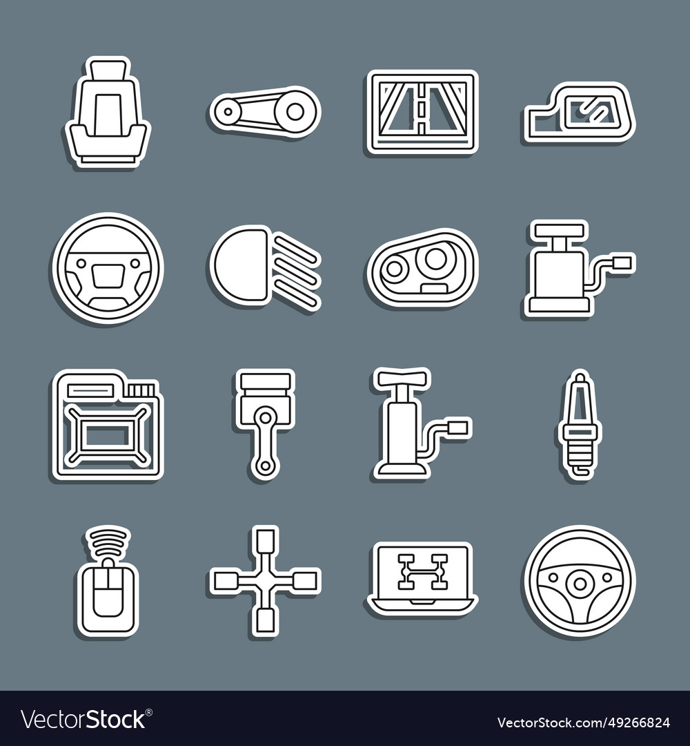 Set line steering wheel car spark plug air pump Vector Image Set line steering wheel car spark plug air pump Vector Image