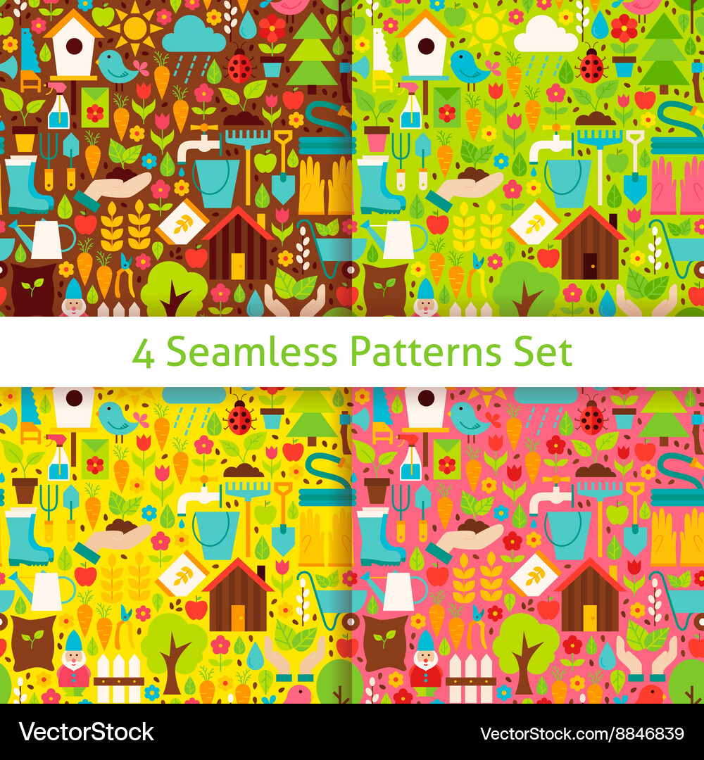 Four flat spring garden seamless patterns set Vector Image