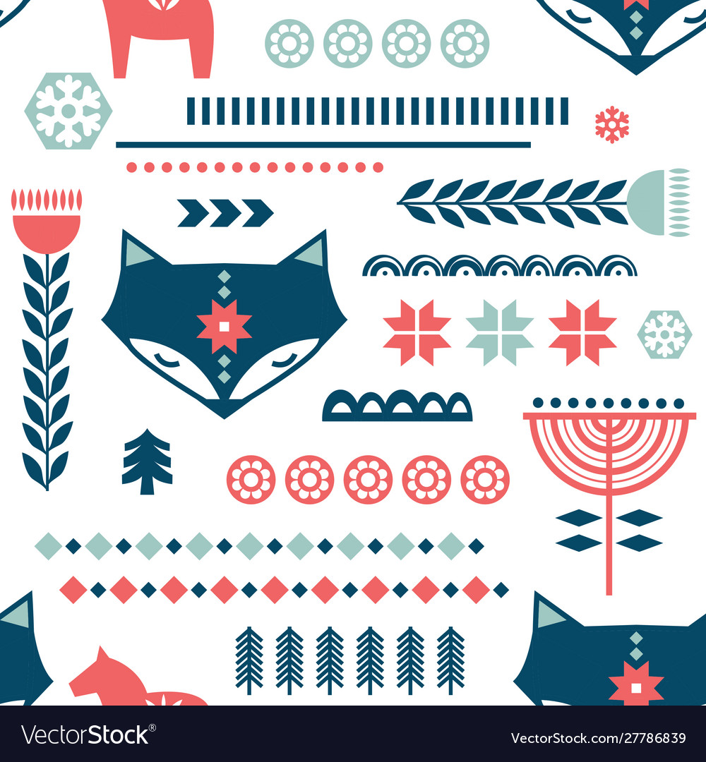 Winter folk art seamless pattern in scandinavian Vector Image Winter folk art seamless pattern in scandinavian Vector Image