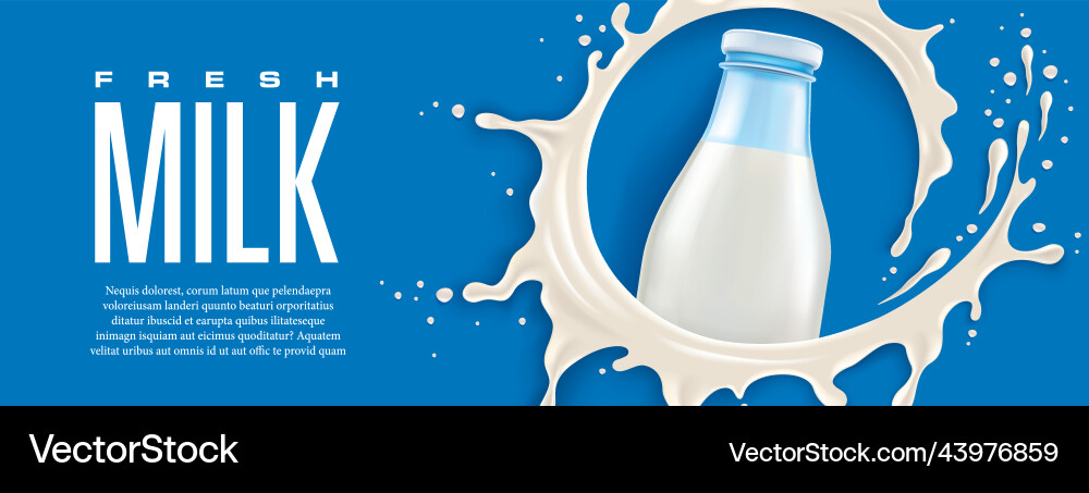 Blue background with milk splash and bottle Vector Image