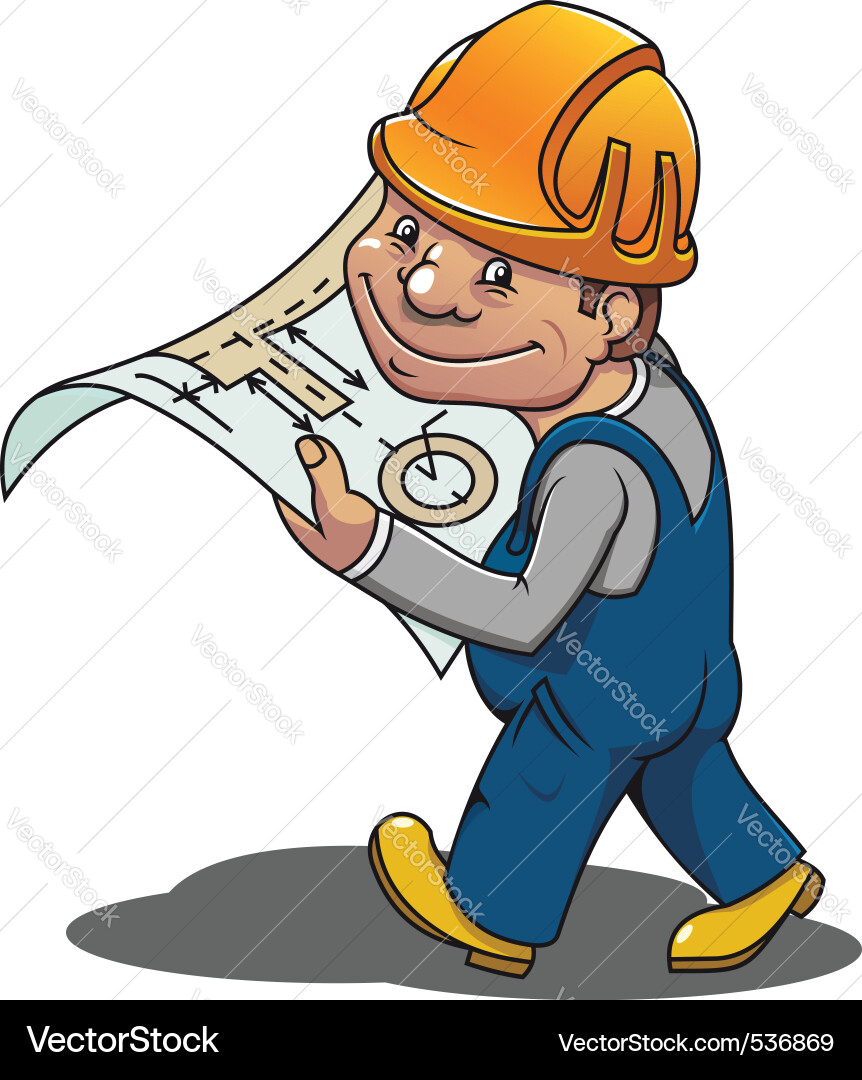 Smiling cartoon worker with scheme for industrial Vector Image