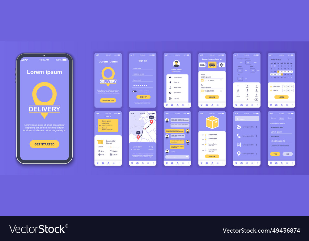 Delivery mobile app interface screens template set