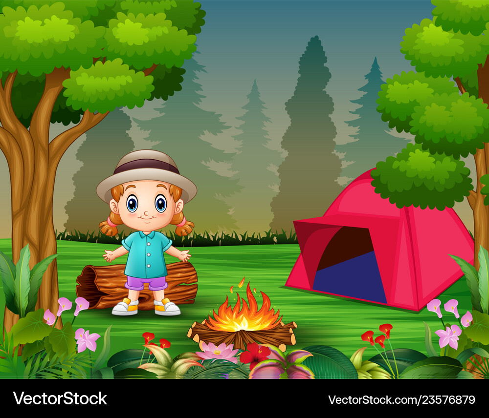 Cute Girl Camping in Forest Royalty Free Vector Image