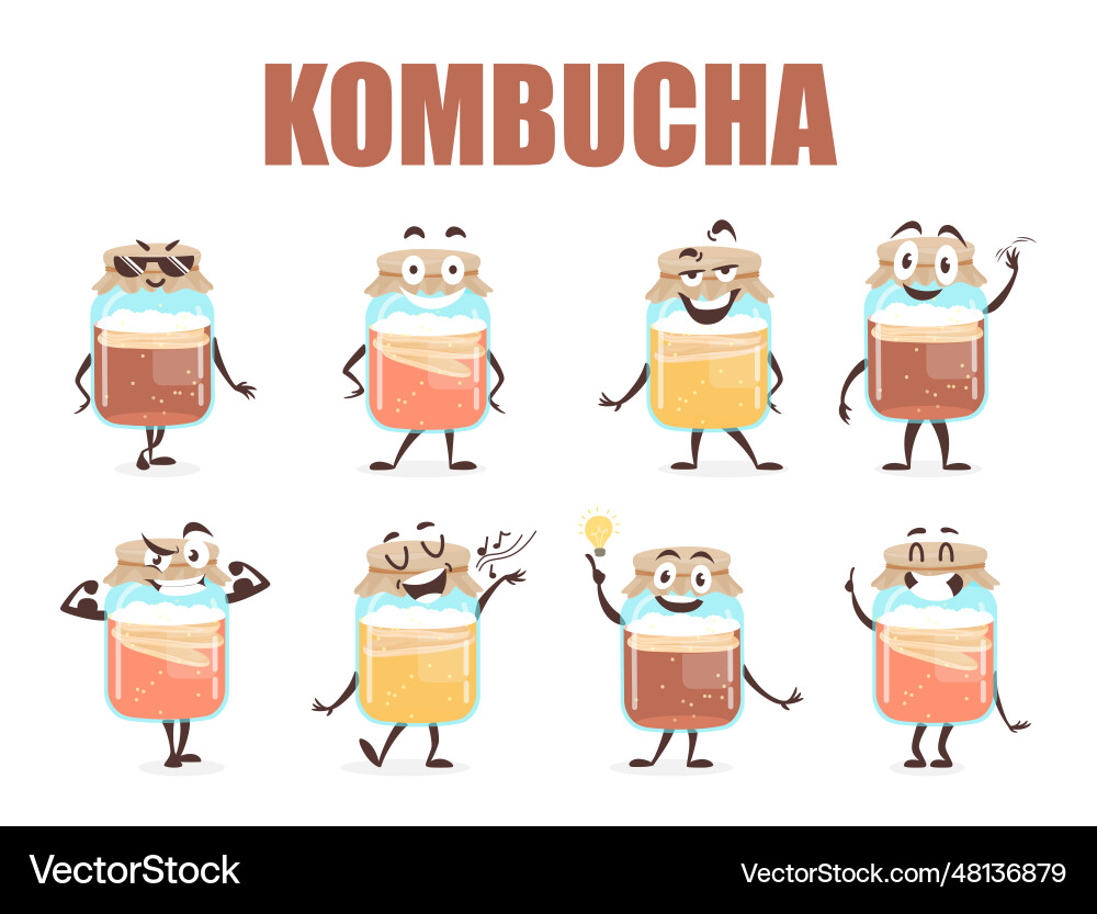 Kombucha jar funny characters smile greeting Vector Image