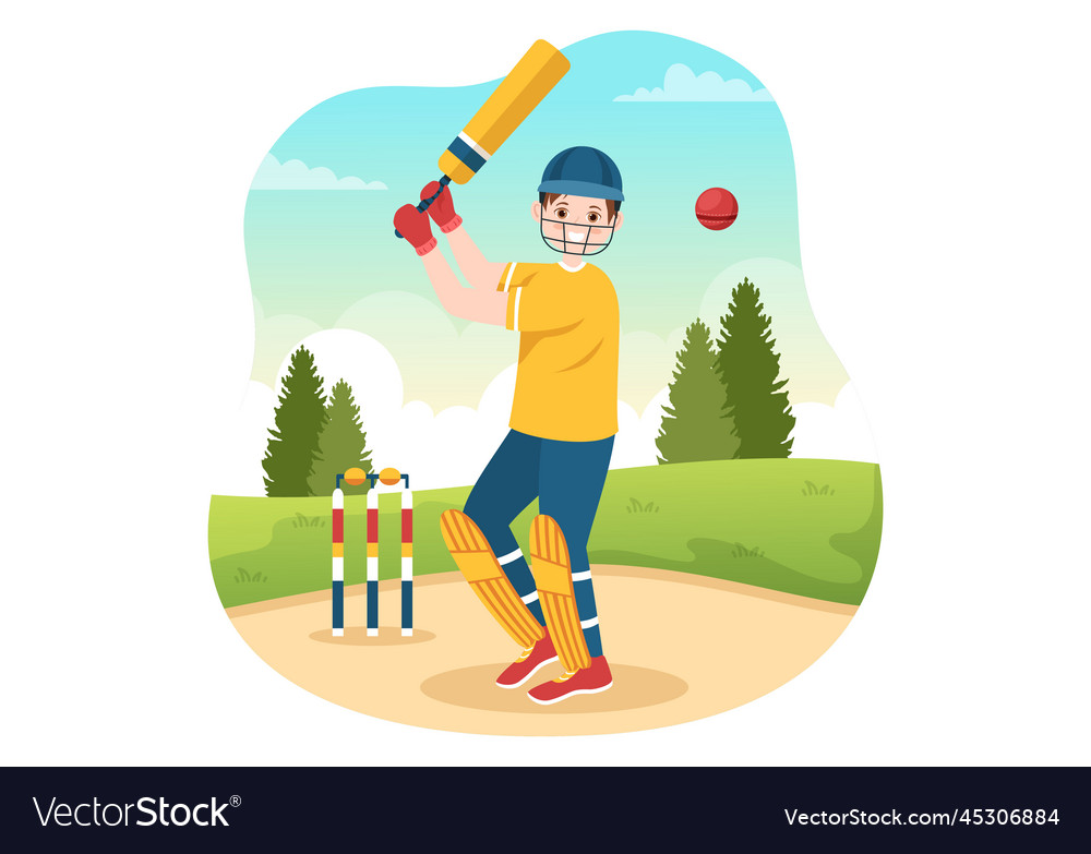 Batsman playing cricket sport with bat and balls Vector Image