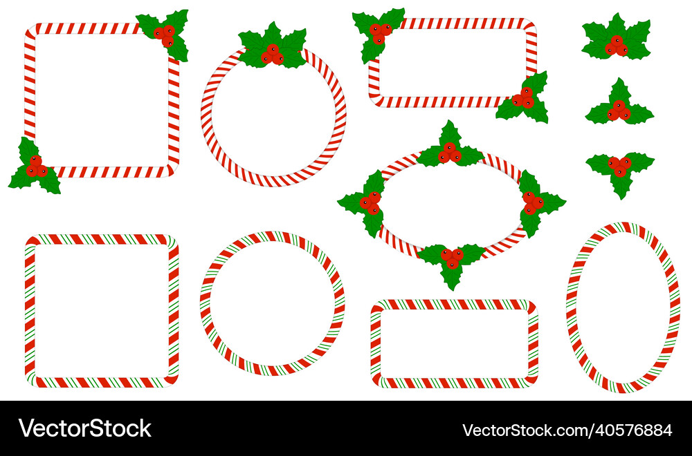 Christmas set frame candy cane with holly leaves Vector Image