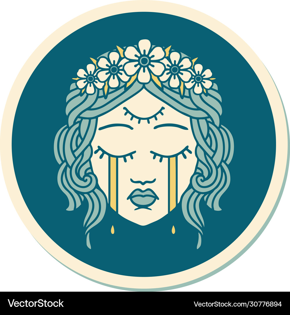 Tattoo style sticker female face crying Royalty Free Vector