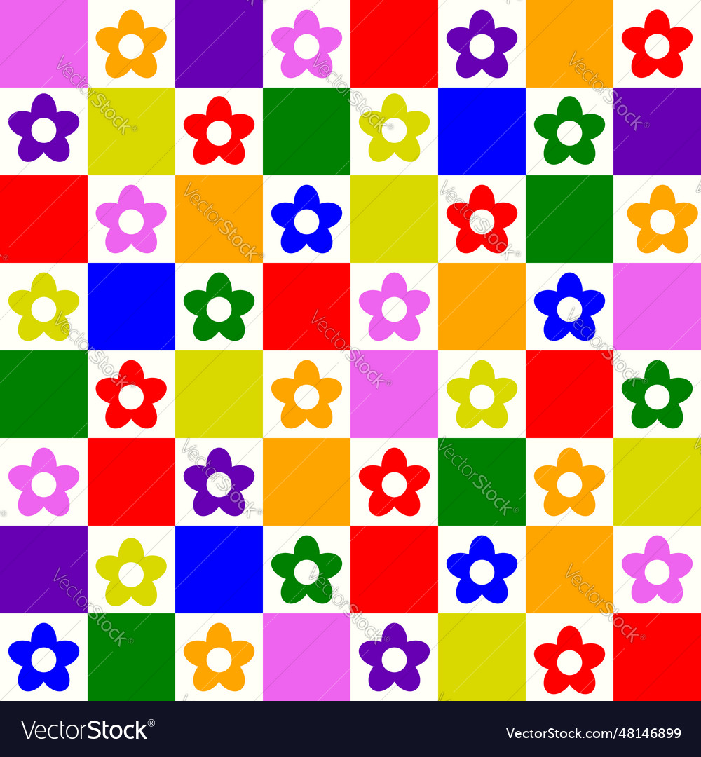Checkered rainbow flowers seamless pattern Vector Image