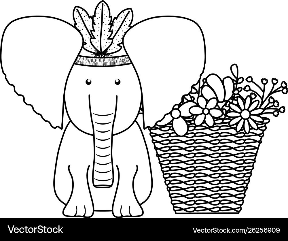 Elephant with feathers hat and basket flowers Vector Image