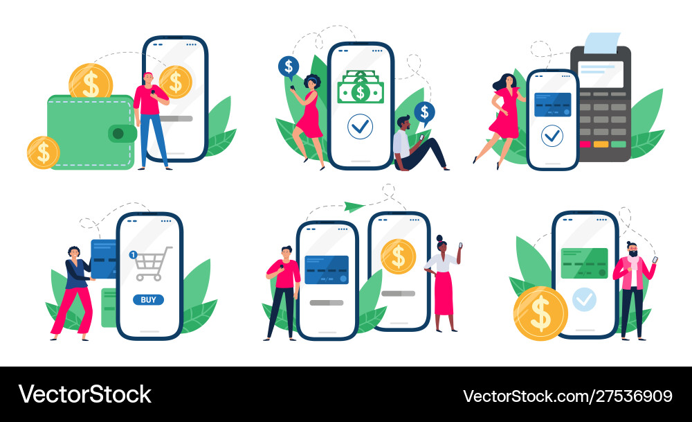 Mobile payments people with smartphones send Vector Image