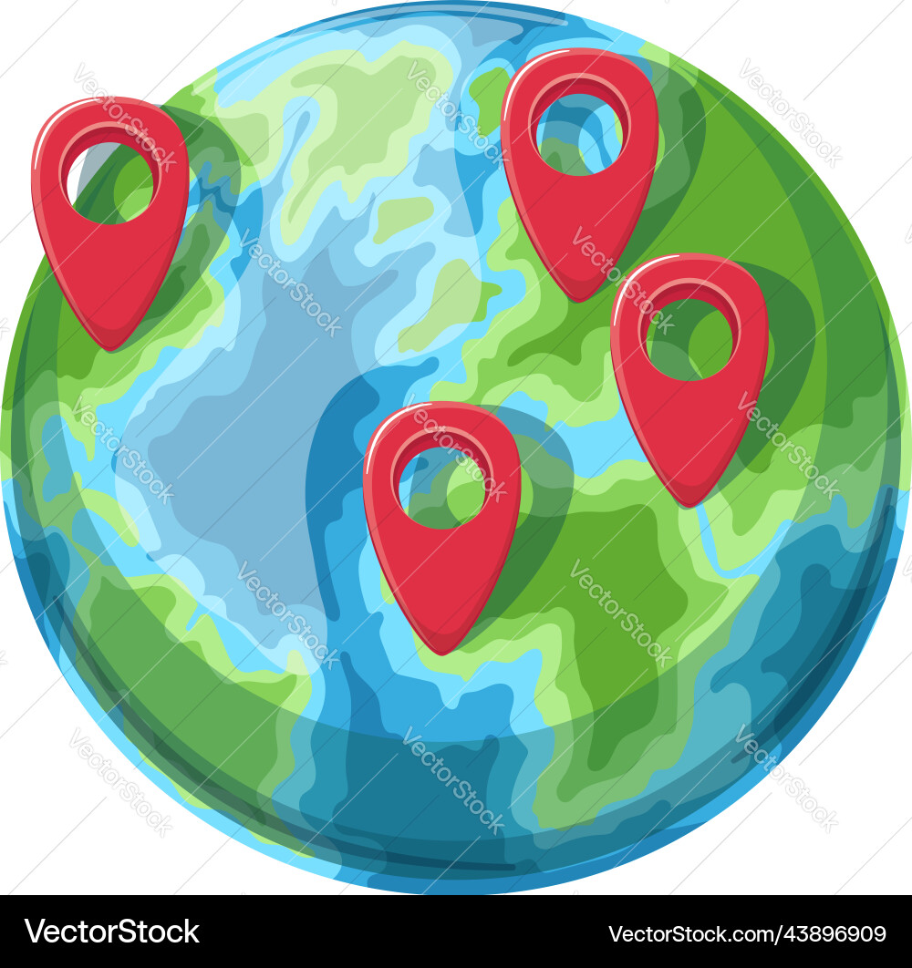Travel pins on globe with world map global Vector Image