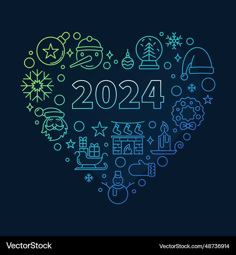 New 2024 year thin line heart shaped colored Vector Image
