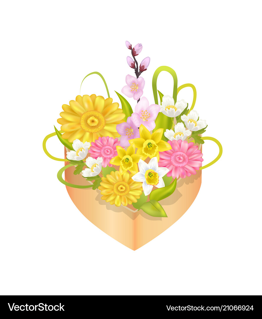 Bouquet spring flowers in heart shape decor box Vector Image