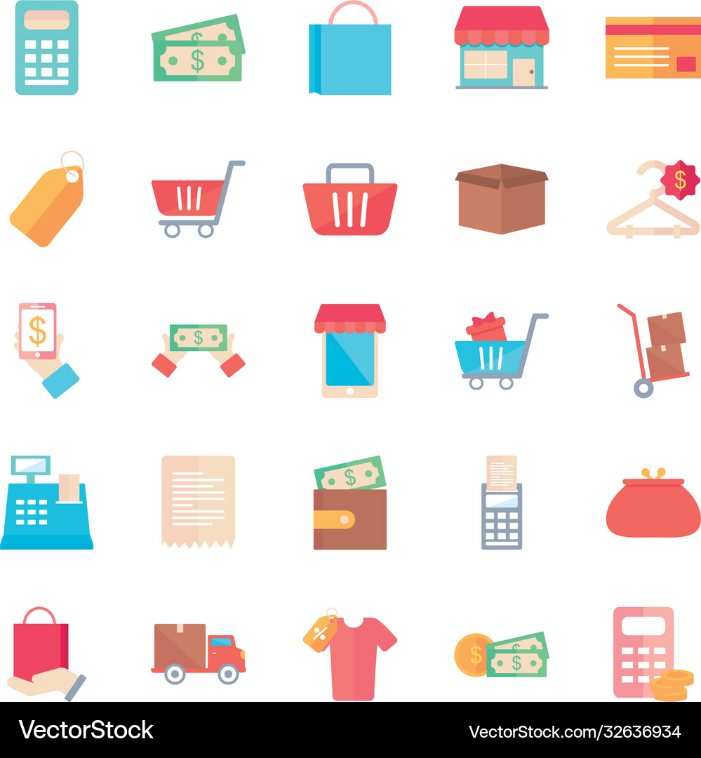 Box and shopping icon set flat style Royalty Free Vector