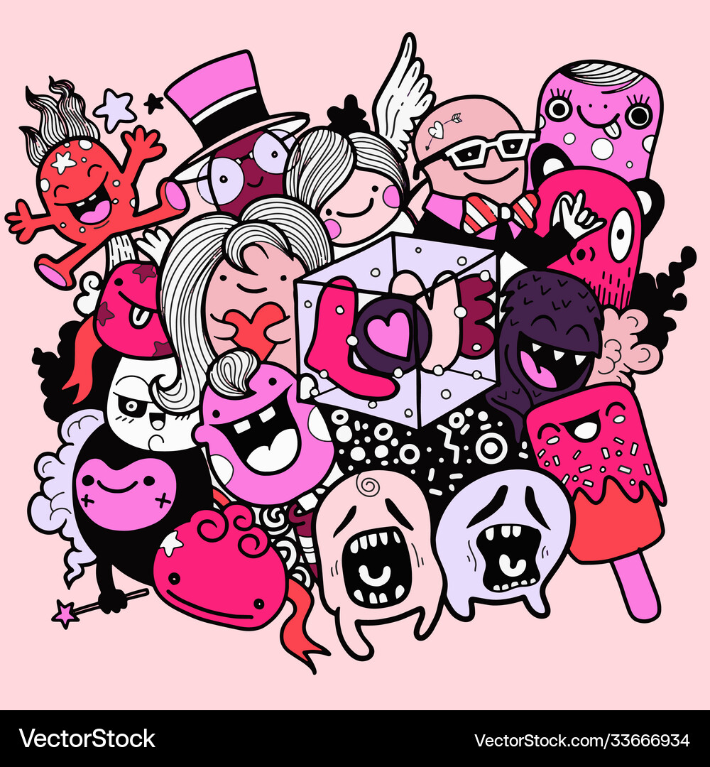 Hand drawn cute monsters with letters love Vector Image