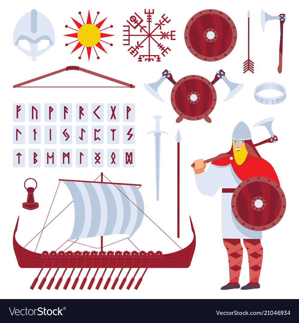 Set with viking character and medieval history Vector Image
