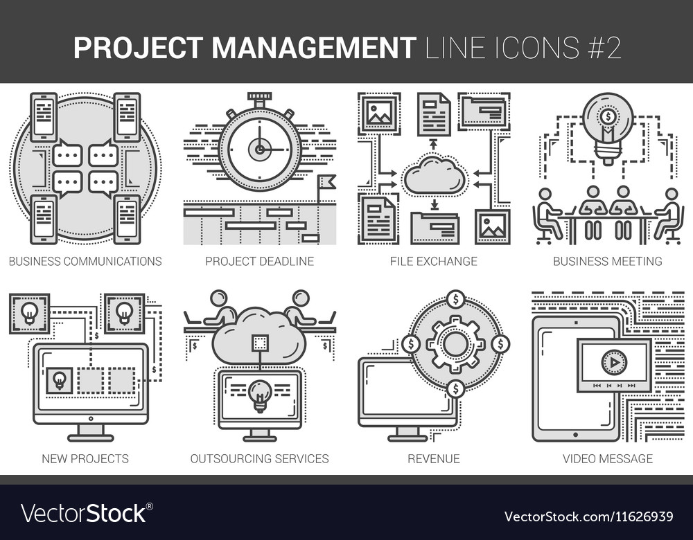 Project management line icon set Royalty Free Vector Image