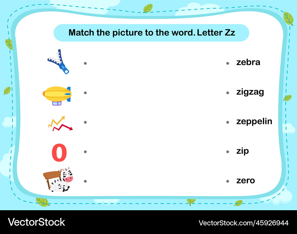 Letter Z Matching Worksheet – Royalty-Free Vector | VectorStock