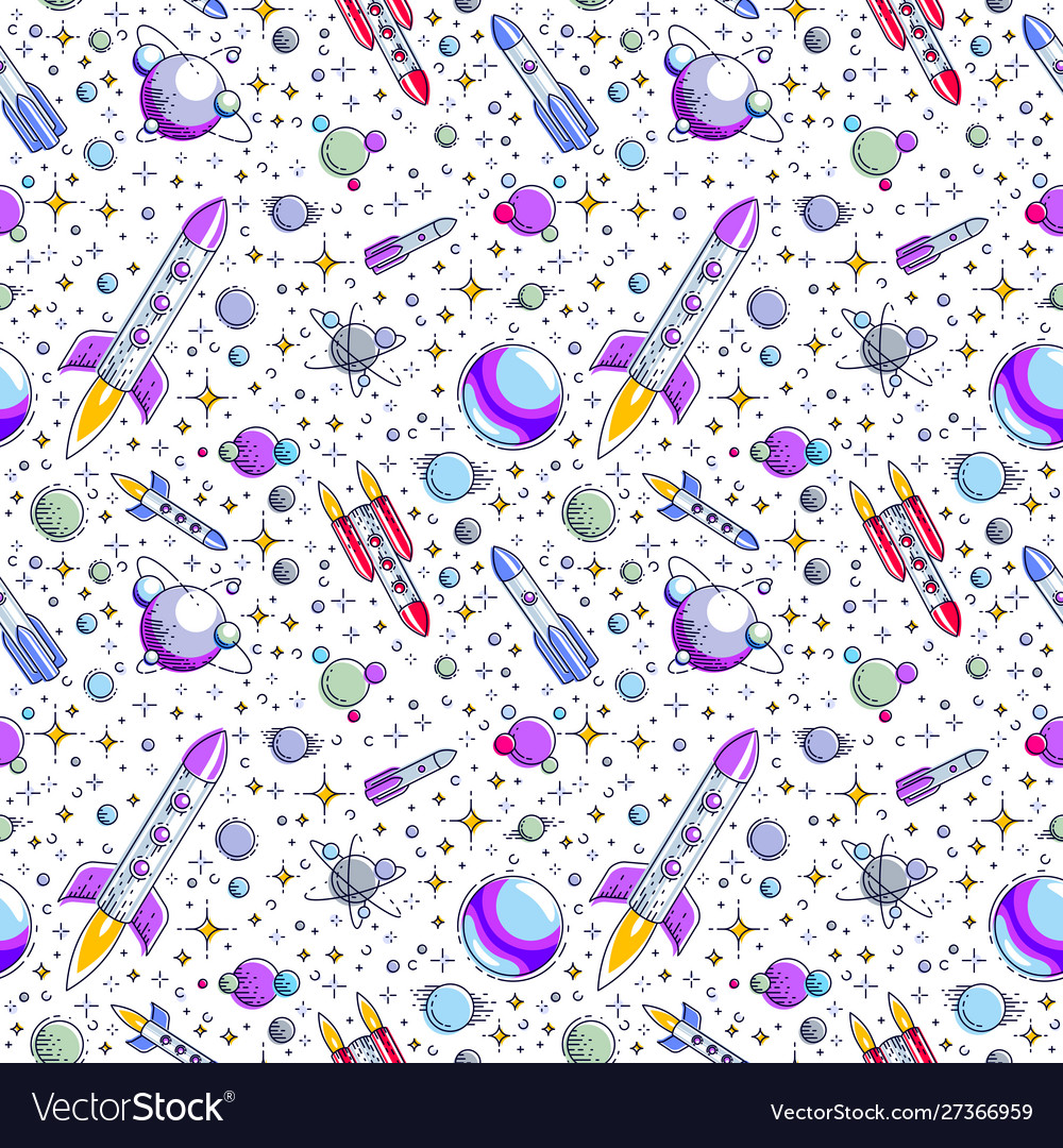 Seamless space background with rockets planets Vector Image