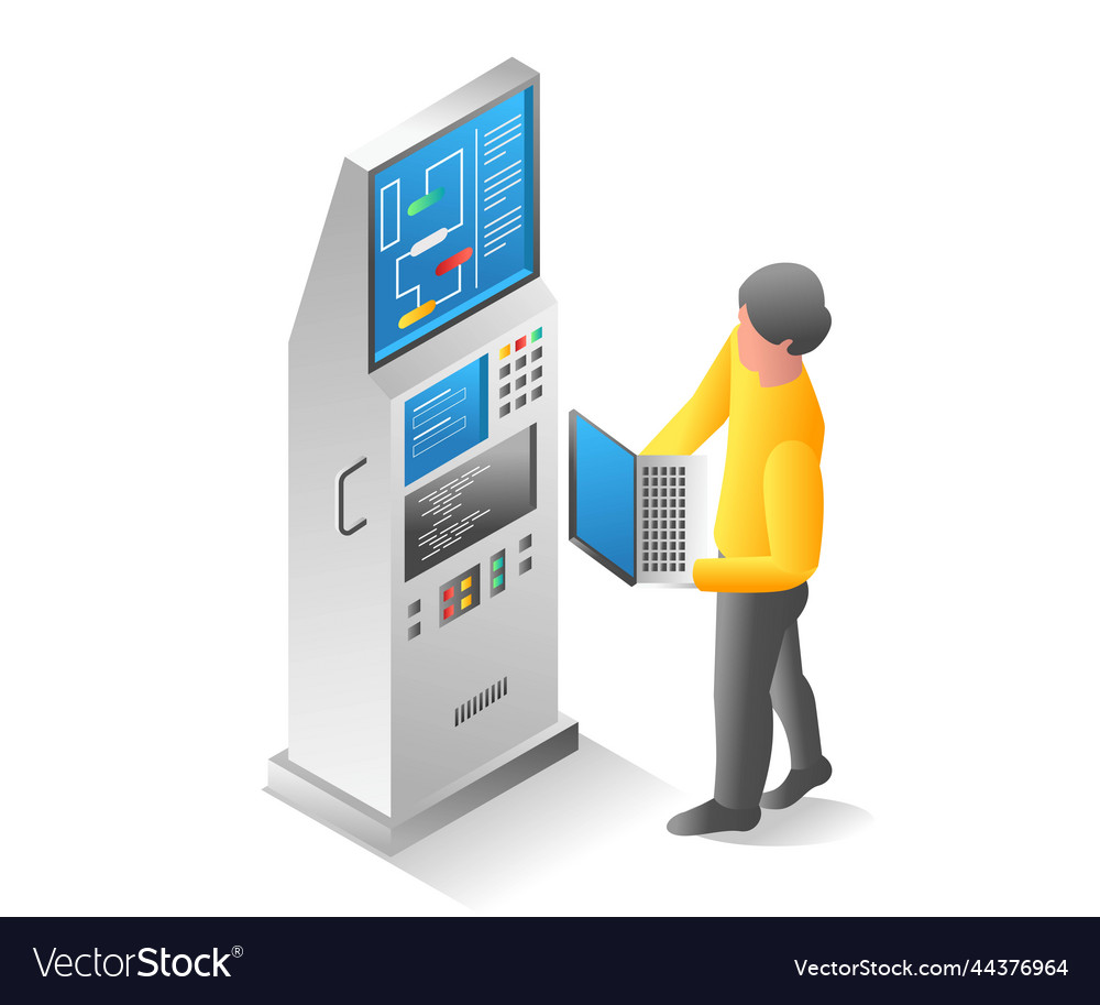 Flat isometric concept operator controlling cnc Vector Image