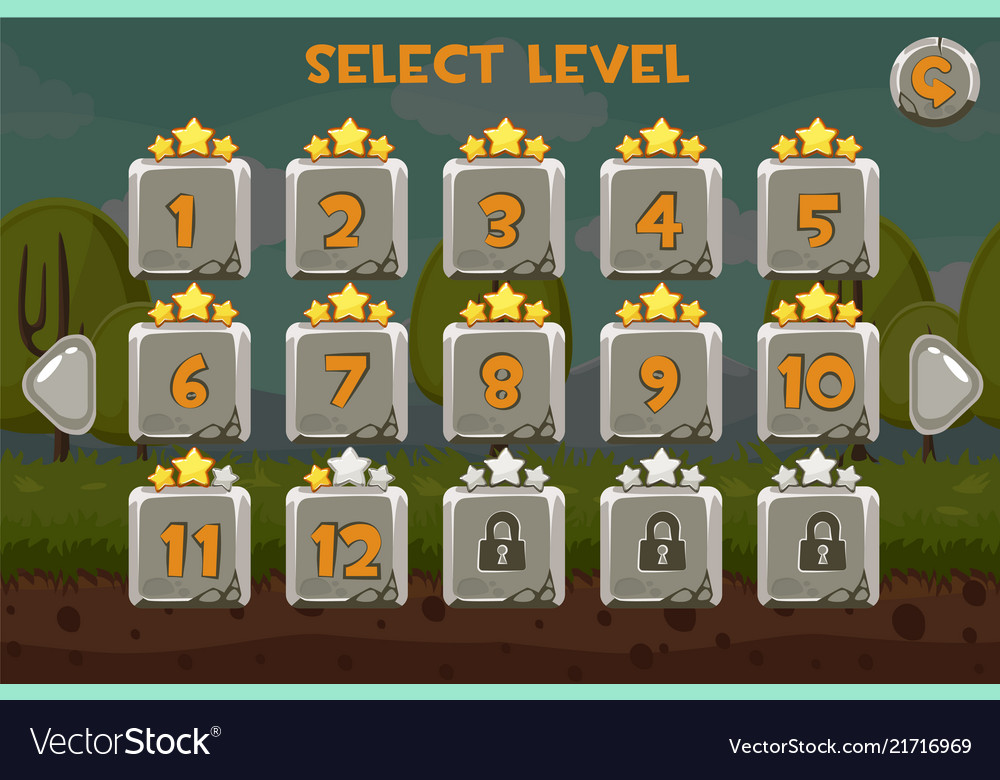 Stone level selection screen game ui set Vector Image