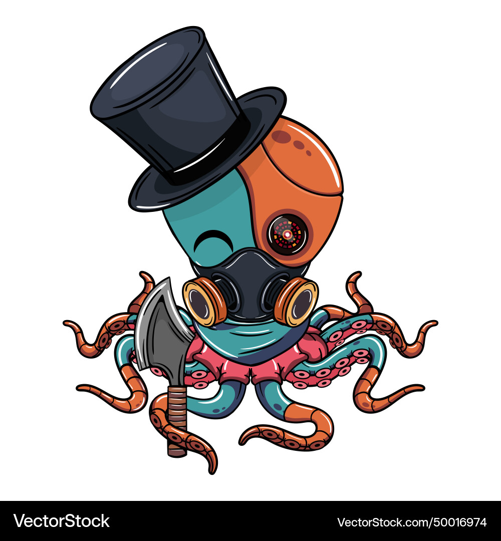 Cartoon cyborg octopus character with top hat Vector Image