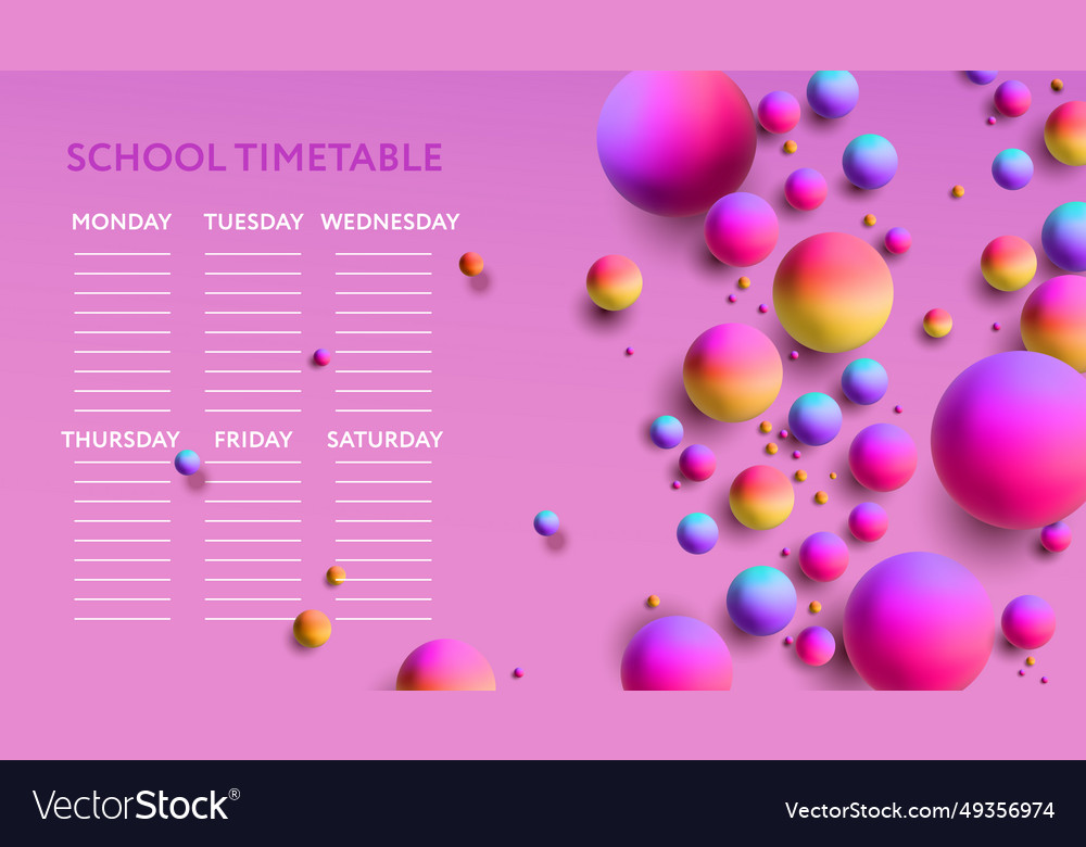 Cute girls school timetable with pink magenta 3d Vector Image