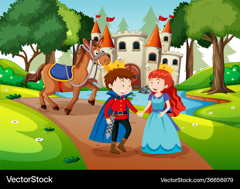 Scene with prince and princess at castle Vector Image