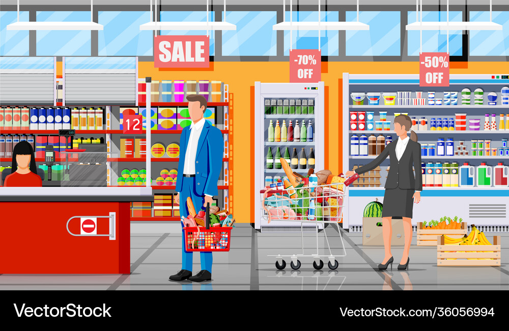 Supermarket store interior with goods Royalty Free Vector