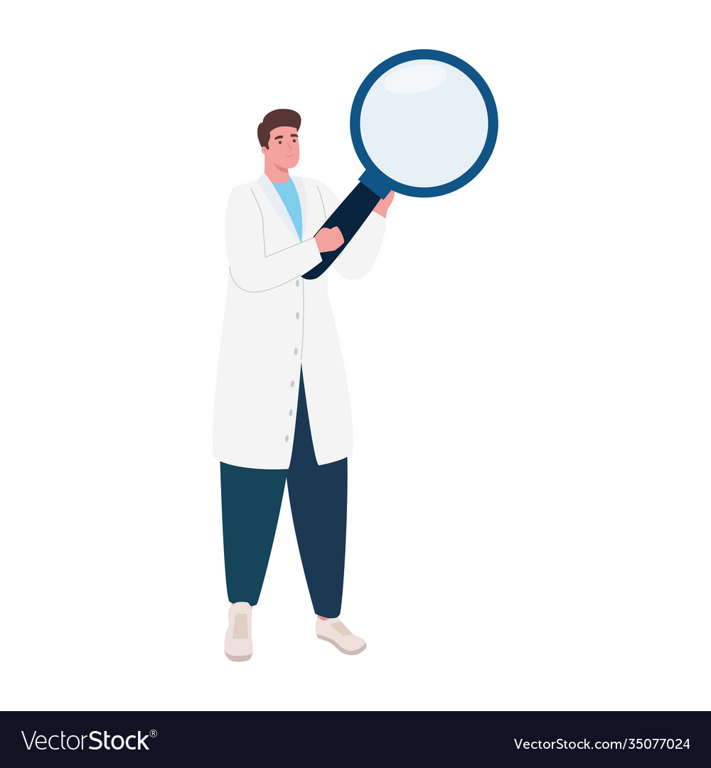 Doctor with magnifying glass character Royalty Free Vector