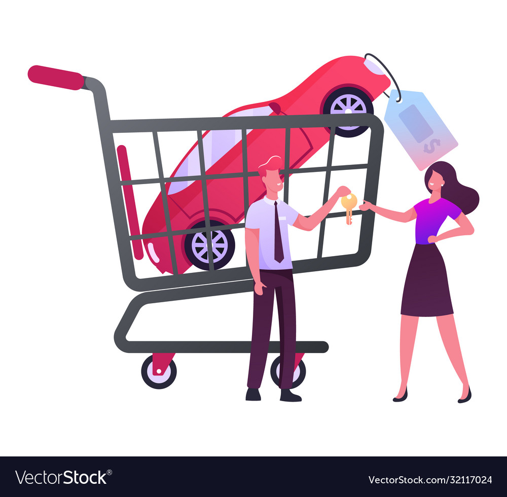 Female Character Buying Automobile Lying In Huge Vector Image